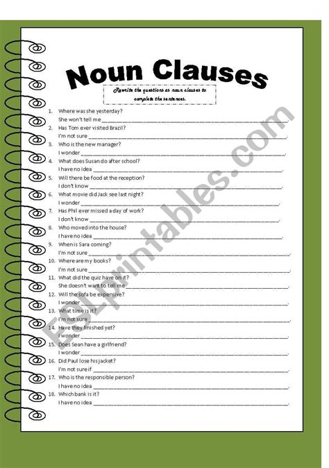 Noun Clauses Esl Worksheet By Jjeebers