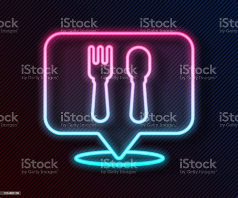 빛나는 네온 라인 카페와 레스토랑 위치 아이콘 검은 배경에 고립 포크와 숟가락 식당 표지판 은 핀 포인트 내부 벡터 일러스트레이션 레스토랑에 대한 스톡 벡터 아트 및 기타