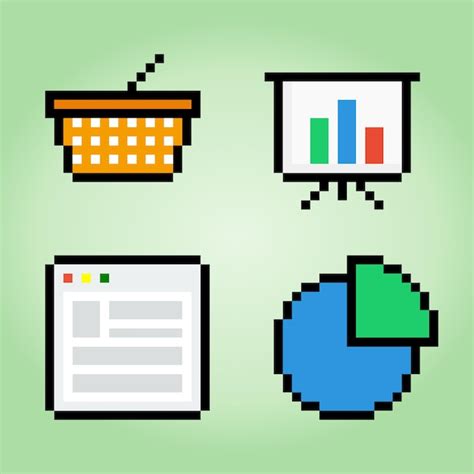 8비트 픽셀 Ui 기호 아이콘 벡터 일러스트레이션의 바구니 그래프 참고 기호 및 파티션 프리미엄 벡터