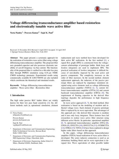 Pdf Voltage Differencing Transconductance Amplifier Based Resistorless And Electronically