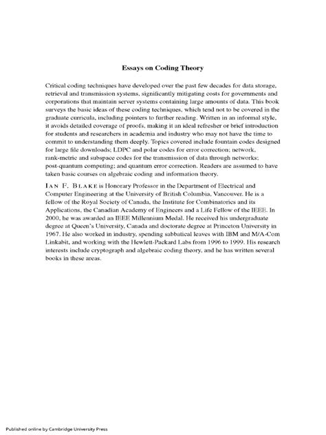Blake I Essays On Coding Theory 2024 Pdf Field Mathematics Polynomial