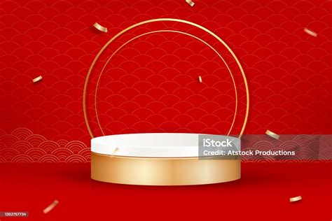 붉은 동양 패턴 배경 벡터 일러스트의 화장품 및 제품 배치를위한 3d 단계 연단 모형 0명에 대한 스톡 벡터 아트 및 기타 이미지 0명 3차원 형태 강단 Istock