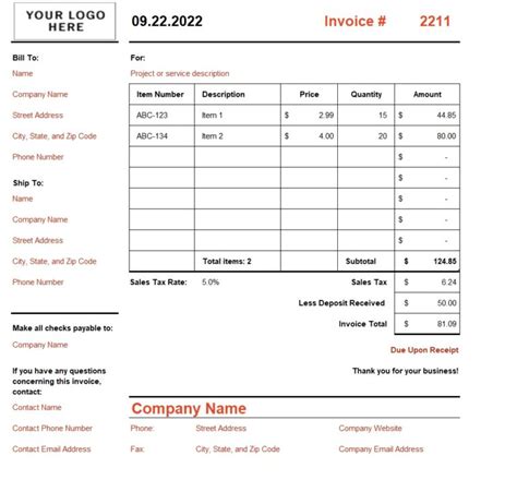 Invoice That Calculates Total Landscape Template In Excel Downloadxlsx