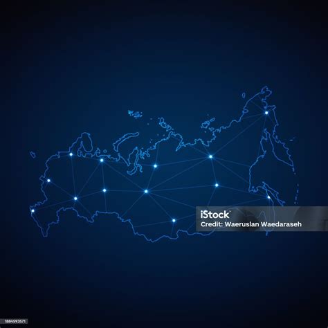 추상 Wireframe 메쉬 다각형 지도 와 러시아 와 빛 와 도시 통하고 있는 진한 파란색 배경 벡터 일러스트 레이 션 Eps10 개념에 대한 스톡 벡터 아트 및 기타