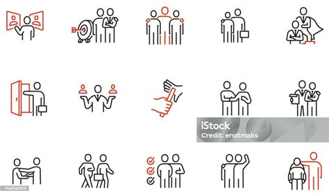 리더십 특성 경력 진행 자기 실현 및 경험을 공유하는 것과 관련된 선형 아이콘의 벡터 세트 모노 라인 컬렉션 아이콘과 인포그래픽 디자인 요소 사람들에 대한 스톡 벡터 아트