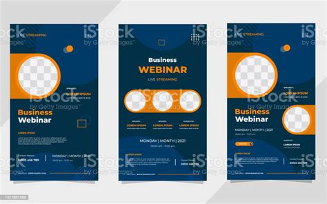 비즈니스 웨비나 소셜 미디어 스토리 포스트 템플릿의 집합기하학적 배경과 원 프레임 전단지에 대한 스톡 벡터 아트 및 기타 이미지