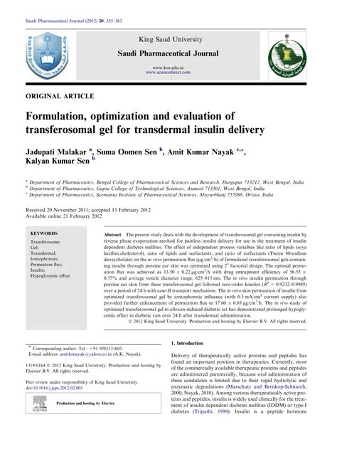 Pdf Formulation Optimization And Evaluation Of Transferosomal Gel For Transdermal Insulin