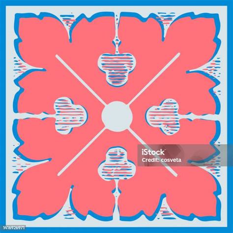 사각형의 추상적 인 단순한 꽃 로제트 인테리어 벽 디자인 기하학적 인 동양 아라베스크 잎 패턴 패션 스타일 바닥을위한 전통적인 도자기 벡터 일러스트 그래픽 블루 핑크 색상