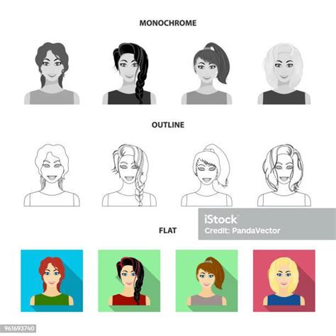 여성 헤어스타일 평면 개요 디자인에 대 한 설정된 컬렉션에 흑백 아이콘의 종류 여자 벡터 기호 재고 웹 일러스트 레이 션의 모습 디자인에 대한 스톡 벡터 아트 및 기타
