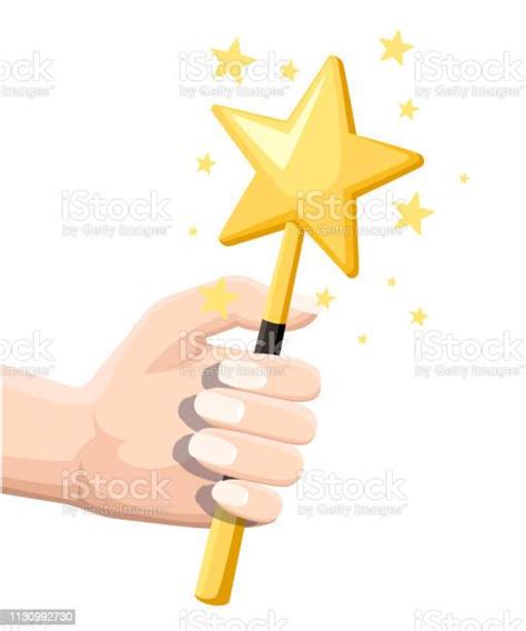 빛나는 반짝임을 가진 노란 별 모양의 마술 지팡이 손으로 잡고 마법의 지팡이입니다 흰색 배경에 고립 된 평면 벡터 일러스트 레이 션 Performing Arts Event에