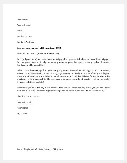 Letter Of Explanation For Late Payment Of Mortgage Sample