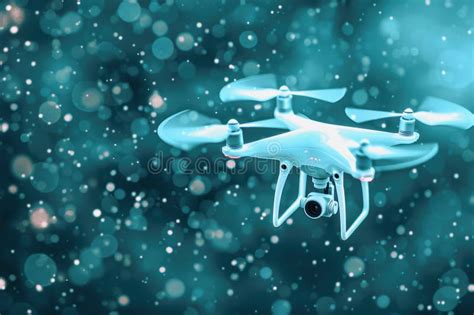 High Tech Drone Flying In Digital Network Blue Neon Lights Abstract