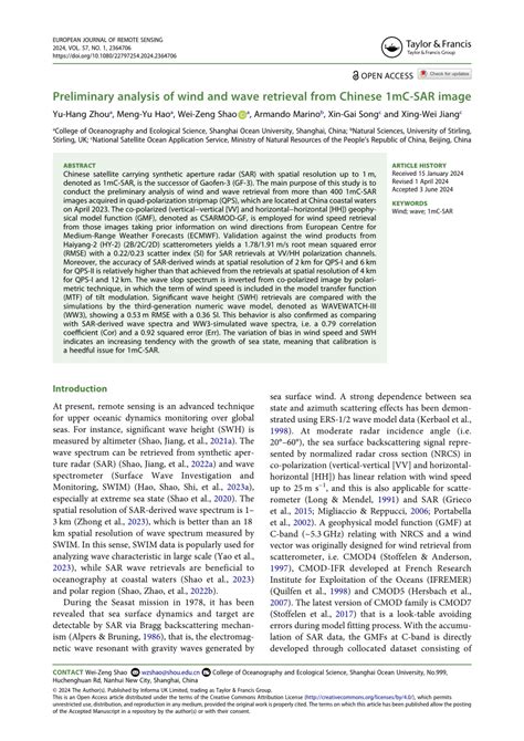 Pdf Preliminary Analysis Of Wind And Wave Retrieval From Chinese 1mc Sar Image