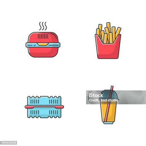 테이크 아웃 식품 패키지 Rgb 색상 아이콘 세트 햄버거 골판지 상자 빈 플라스틱 용기 빨대가있는 일회용 컵 감자 튀김 팩 격리된 벡터 일러스트레이션 감자 요리에 대한 스톡