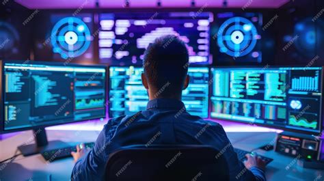 man monitoring data on multiple computer screens in a hightech control room with neon lighting