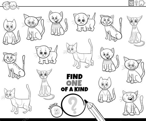 만화 고양이와 새끼 고양이 캐릭터 색칠 공부 페이지와 함께 종류의 그림 교육 게임 중 하나를 찾는 흑백 만화 그림 그림 복사 그래픽 Png 일러스트 및 벡터 에 대한