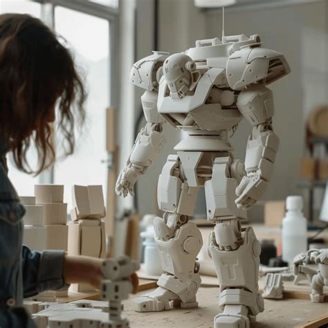 A Woman Working On A Lego Piece With A Robot On The Top Premium Ai