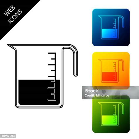 흰색 배경에 분리 된 건조 및 액체 식품 아이콘을 측정하는 측정 컵 손잡이가 달린 플라스틱 그라디드 비커 설정 아이콘 다채로운 사각형 버튼 벡터 일러스트레이션 가정 생활에