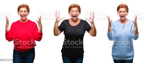 미친 미친 무기와 성공을 위한 축 하 백색 격리 된 배경 위에 중 년 고위 여자의 콜라주 제기 하 고 흥분 비명 눈을 폐쇄 우승자 개념 갈색 머리에 대한 스톡 사진 및 기타