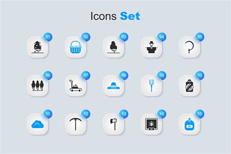 세트 콜로라도 딱정벌레 잔디 깎는 기계 고리 버들 세공 바구니 흐린 날씨 씨앗으로 가득 찬 팩 곤충에 대한 스프레이 과일 나무 및 농부 노동자 모자 아이콘 벡터 고름에 대한