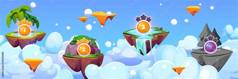 Arcade Game Levels Map With Floating Islands On Sky Background Vector Cartoon Illustration Of