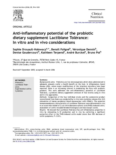 Pdf Anti Inflammatory Potential Of The Probiotic Dietary Supplement
