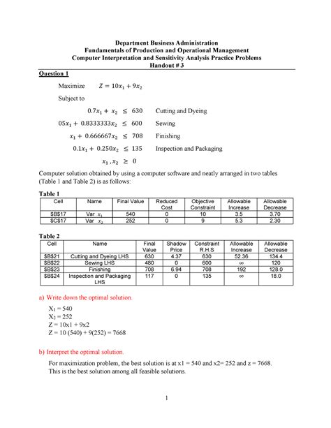 Linear Programming Sensitivity Analysis Questions With Solutions