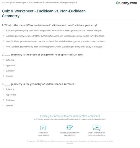 Quiz And Worksheet Euclidean Vs Non Euclidean Geometry