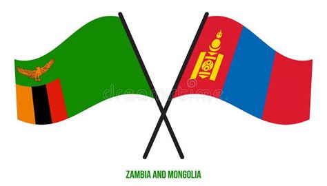 Zambia And Mongolia Flags Crossed And Waving Flat Style Official