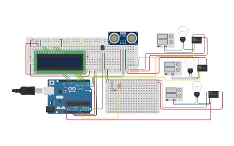 Circuit Design Rangkaian Sensor Suhu Ultrasonik Cahaya Tinkercad