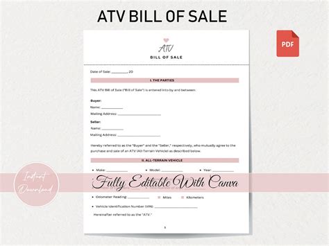 Complete Atv Bill Of Sale Template Legal Document Instant Download Editable With Canva Etsy