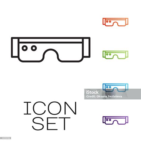 흰색 배경에 격리 된 안경 아이콘에 장착 된 검은 색 라인 스마트 안경 카메라와 디스플레이가 있는 웨어러블 전자 제품 스마트 안경 다채로운 아이콘을 설정합니다 벡터
