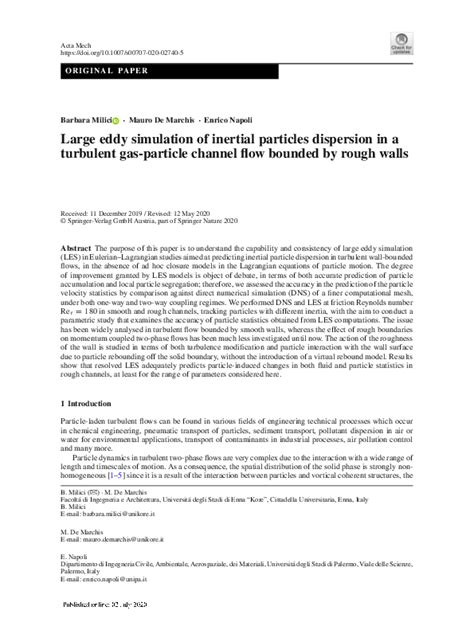 Pdf Large Eddy Simulation Of Inertial Particles Dispersion In A