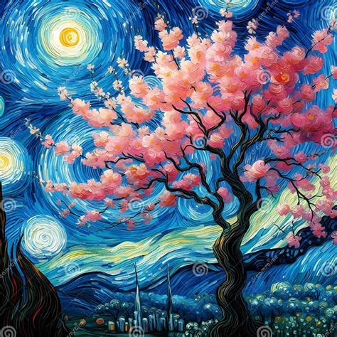 A Vibrant Van Gogh Style Painting Of A Cherry Blossom Tree With Deep