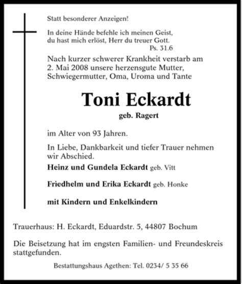 Traueranzeigen Von Toni Eckardt Trauer In Nrw De