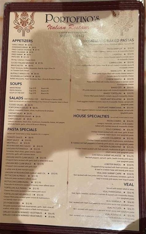Portofinos Italian Restaurant And Pizza Menu In Ankeny Iowa Usa
