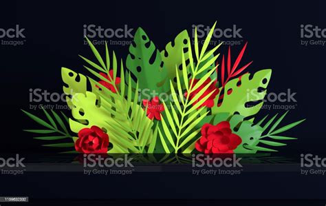 열대 종이 손바닥 몬스타 나뭇잎과 꽃 프레임 제품 프리젠 테이션을위한 연단 플랫폼 여름 열대 잎입니다 종이 접기 이국적인 정글 여름 배경입니다 용지 잘라내기 3d 렌더링 0