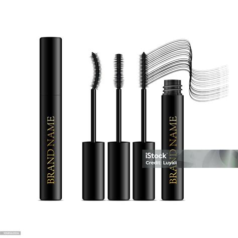 마스카라 튜브 그리고 지팡이 주걱입니다 속눈썹 브러쉬 블랙 골드 화장품 병입니다 흰색 배경에 고립 그런 지 견본 검은 물결 브러쉬 스트로크 손을 그려 3d 현실 벡터