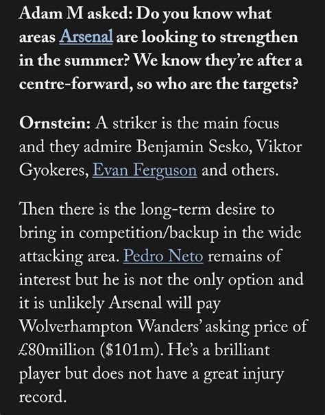 David Ornstein A Striker Is The Main Focus For Arsenal And They
