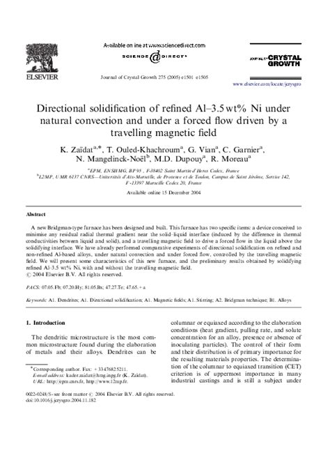 Pdf Directional Solidification Of Refined Al35wt Ni Under Natural Convection And Under A