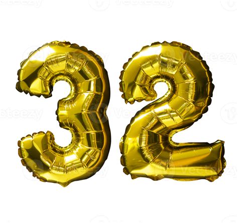 32 Golden Number Helium Balloons Isolated Background Realistic Foil