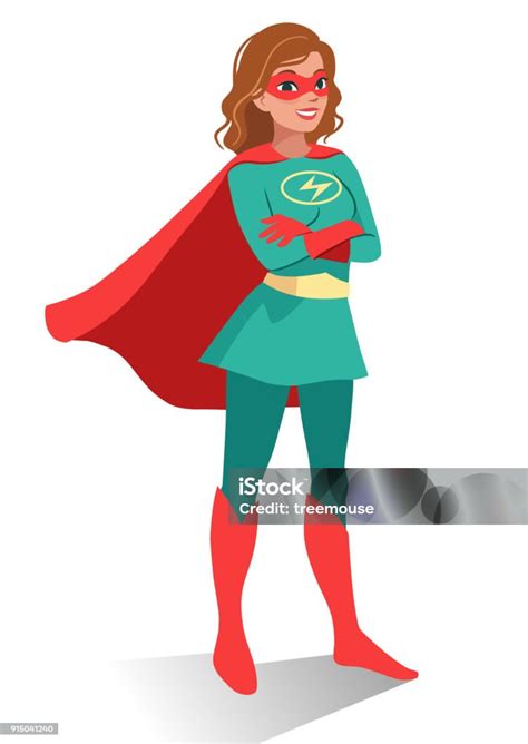 친절 한 자신감 젊은 백인 여자 슈퍼 히어로 의상 마스크 서 팔짱에 미소 벡터 만화 캐릭터 그림 흰색 배경에 고립 된 플랫 현대적인 스타일 슈퍼히어로에 대한 스톡 벡터 아트