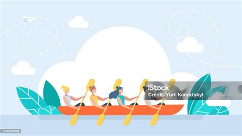 여자 팀 보트에서 함께 노를 젓는 친근한 여성 팀 함께 일하는 동료 효과적인 협업과 조직적인 팀워크 동료 간의 좋은 관계 평면 그림 여행 주제에 대한 스톡 벡터 아트 및