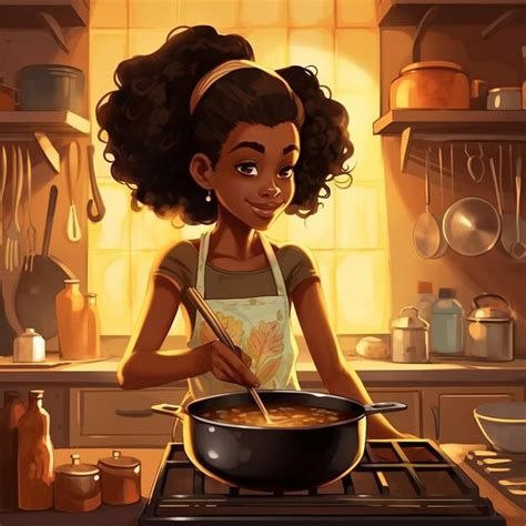 Premium Ai Image Beautiful Black Girl Cooking