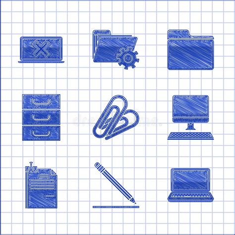 Set Paper Clip Pencil With Eraser And Line Laptop Computer Monitor