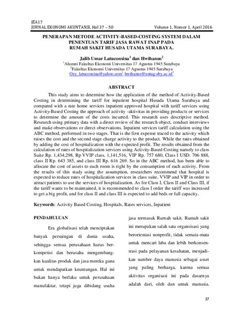Pdf Penerapan Metode Activity Based Costing System Dalam Penentuan Tarif Jasa Rawat Inap Pada