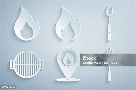 불 불꽃 바베큐 포크 그릴 소시지 불 및 아이콘으로 위치를 설정합니다 벡터 3차원 형태에 대한 스톡 벡터 아트 및 기타 이미지 3차원 형태 고기 굽기 Istock