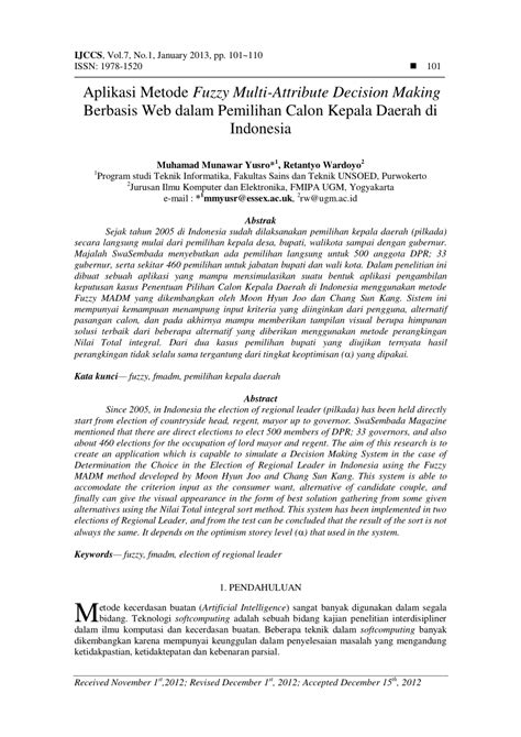 Pdf Aplikasi Metode Fuzzy Multi Attribute Decision Making Berbasis