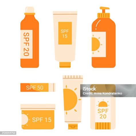 다양한 자외선 차단제 화장품 세트 로션 크림 스프레이 립스틱 자외선 차단제 제품 컬렉션 스킨 케어 수분 공급 및 자외선 차단 개념 만화 스타일의 고립 된 벡터 일러스트 레이