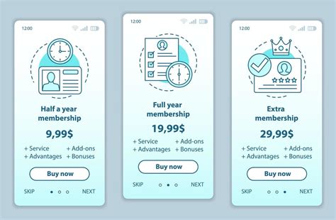 Membership Prices Onboarding Mobile App Screens Vector Templates Tariff Plans Steps